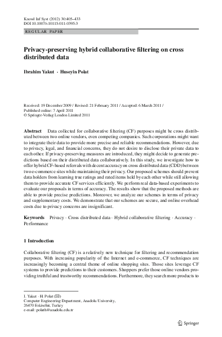 (PDF) Privacy-preserving hybrid collaborative filtering on cross distributed data