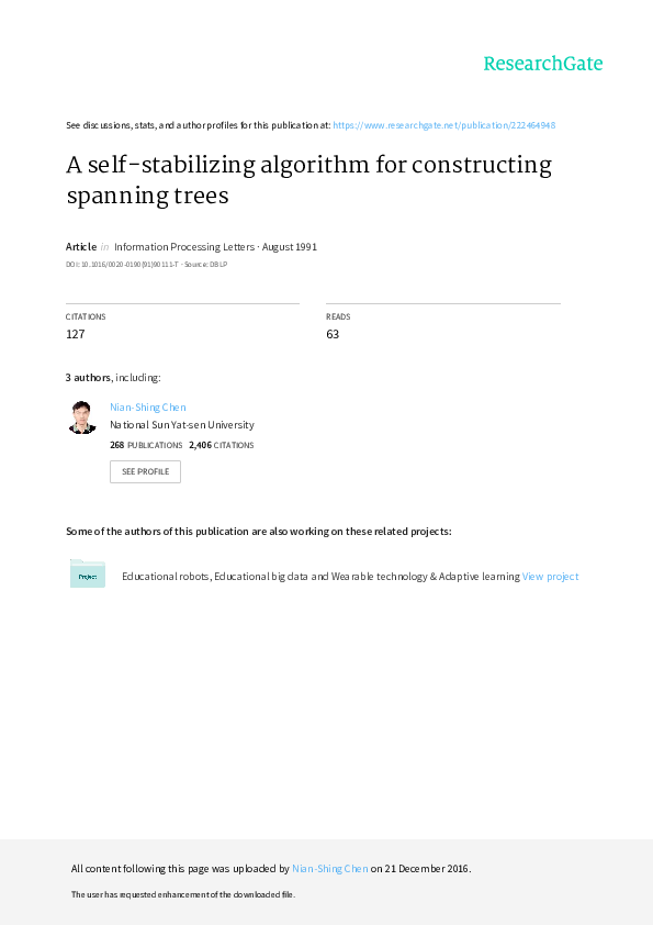 (PDF) A self-stabilizing algorithm for constructing spanning trees | Nian-Shing Chen - Academia.edu