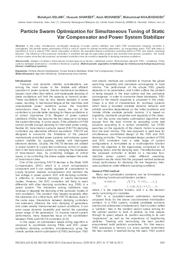 Pdf Particle Swarm Optimization For Simultaneous Tuning Of Static Var Compensator And Power