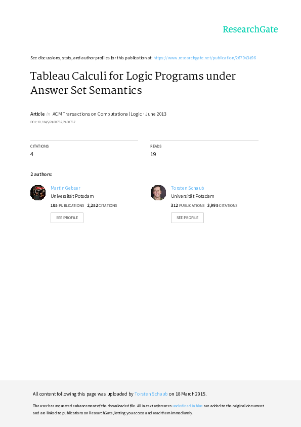 (PDF) Tableau Calculi for Logic Programs under Answer Set Semantics