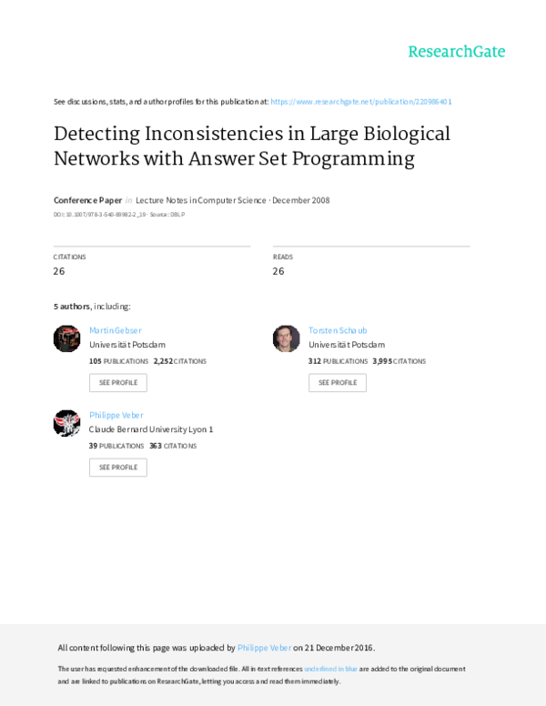 (PDF) Detecting inconsistencies in large biological networks with answer set programming