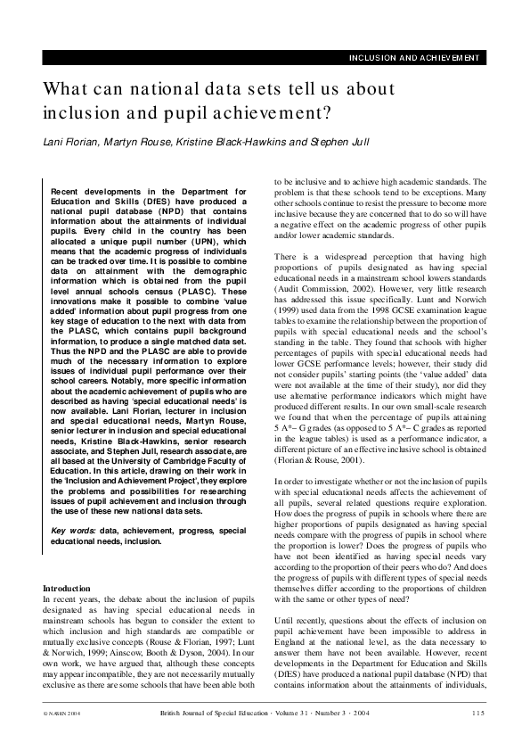 (PDF) What can national data sets tell us about inclusion and pupil ...