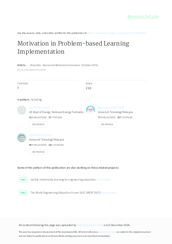Pdf Motivation In Problem Based Learning Implementation