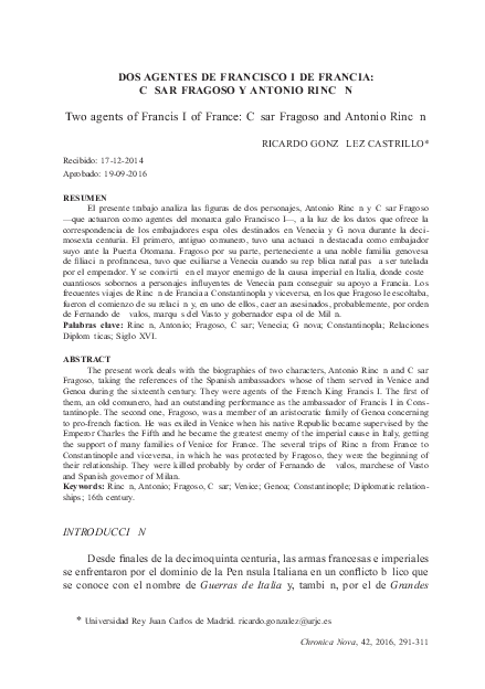 (PDF) Dos agentes de Francisco I de Francia: César Fragoso y Antonio ...