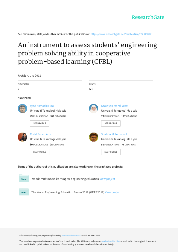 (PDF) An Instrument to Assess Students’ Engineering Problem Solving ...