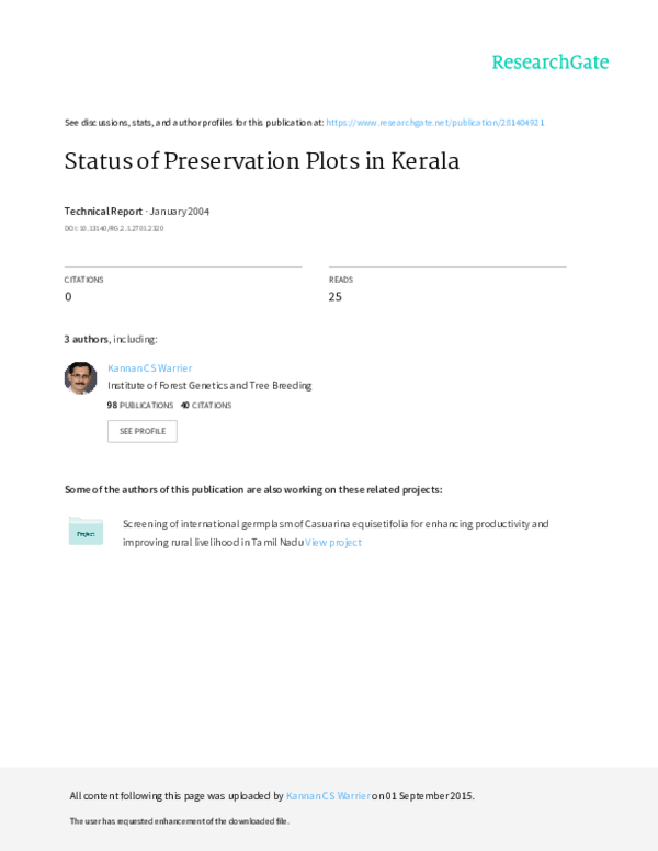 (PDF) Status of Preservation Plots in Kerala | Kannan Warrier ...