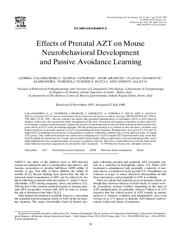 (PDF) Effects of prenatal AZT on mouse neurobehavioral development and ...