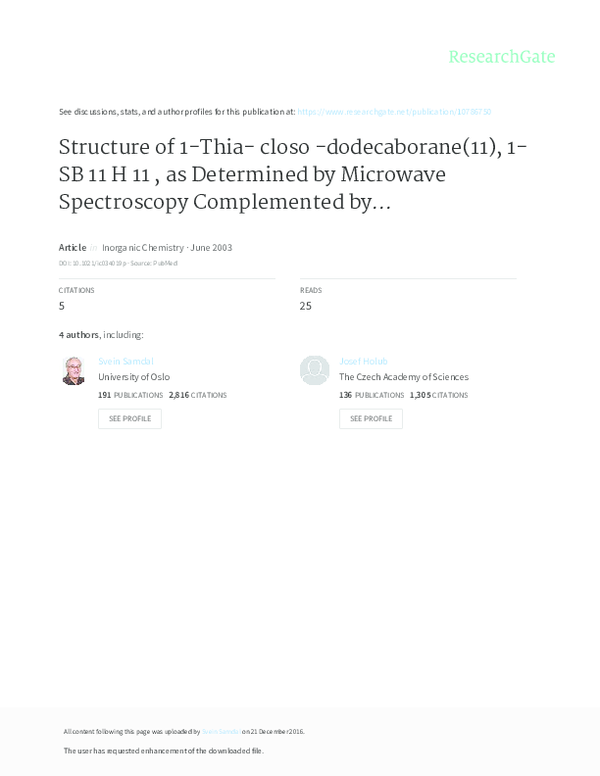(PDF) Structure of 1-Thia- closo -dodecaborane(11), 1-SB 11 H 11 , as ...