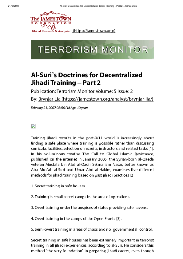 (PDF) Al-Suri’s Doctrines for Decentralised Jihadi Training (Part 2)
