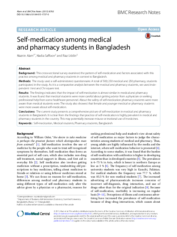 (PDF) Self-medication among medical and pharmacy students in Bangladesh
