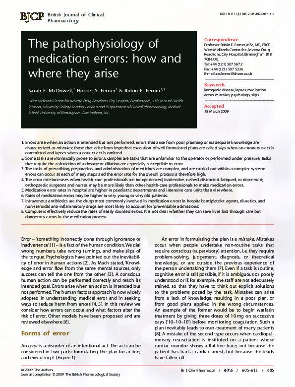 (PDF) The pathophysiology of medication errors: how and where they ...