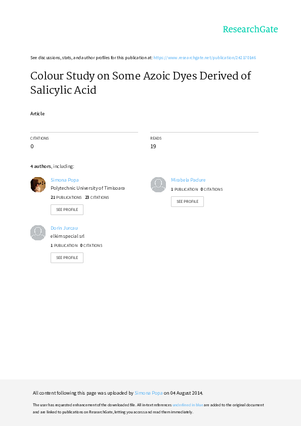 (PDF) Colour Study on Some Azoic Dyes Derived of Salicylic Acid