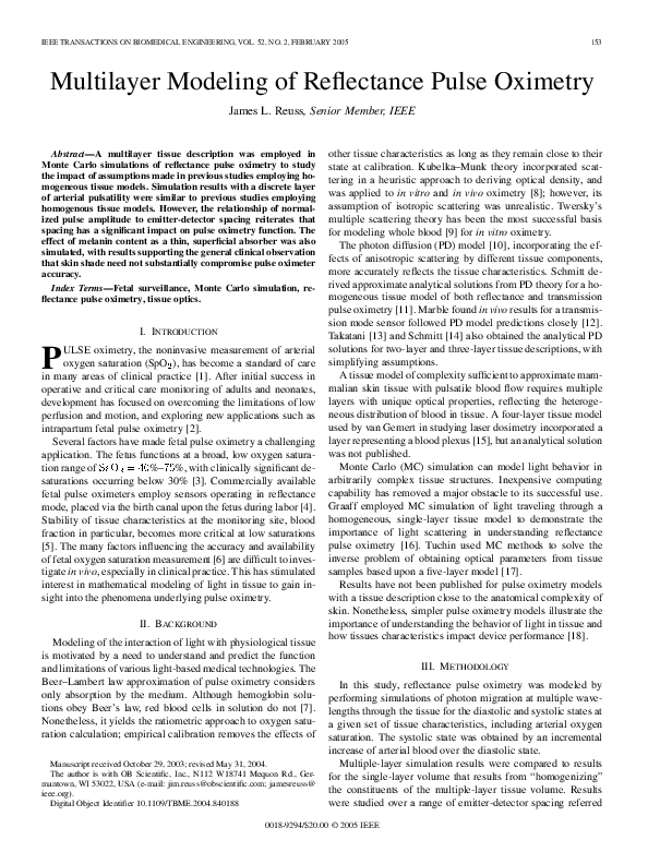 (PDF) Multilayer modeling of reflectance pulse oximetry
