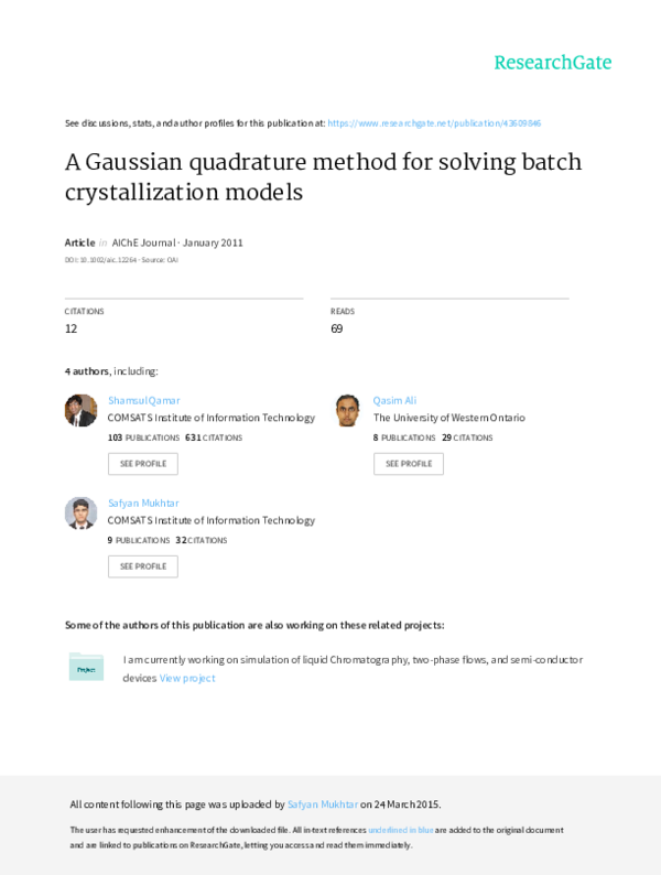 (PDF) A Gaussian quadrature method for solving batch crystallization models