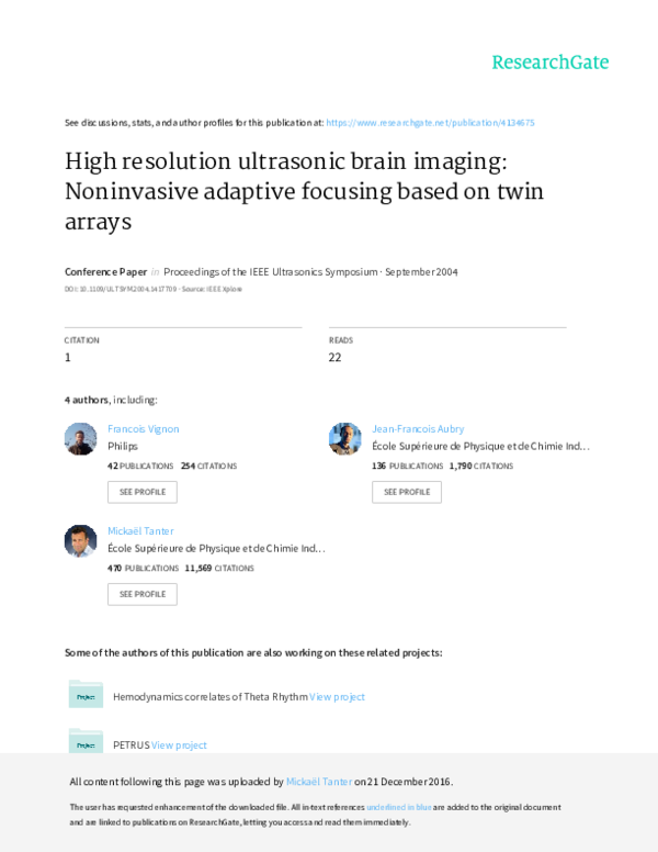 (PDF) High resolution ultrasonic brain imaging: noninvasive adaptive focusing based on twin arrays
