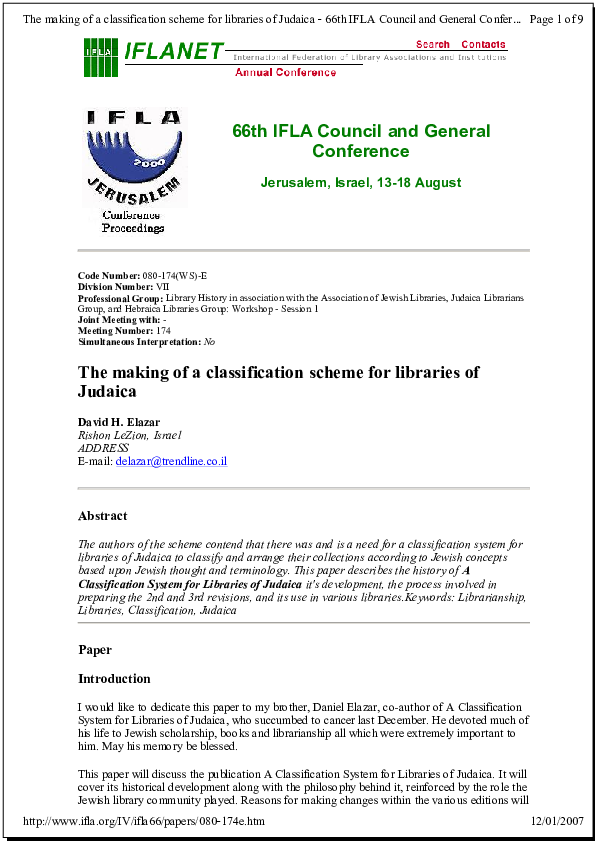 (PDF) The Making of a Classification Scheme for Libraries of Judaica