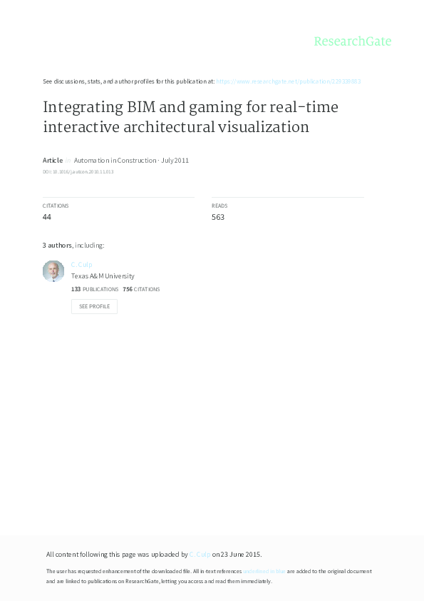 (PDF) Integrating BIM and gaming for real-time interactive architectural visualization