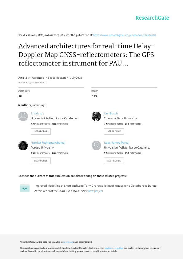 (PDF) Advanced architectures for real-time Delay-Doppler Map GNSS-reflectometers: The GPS ...