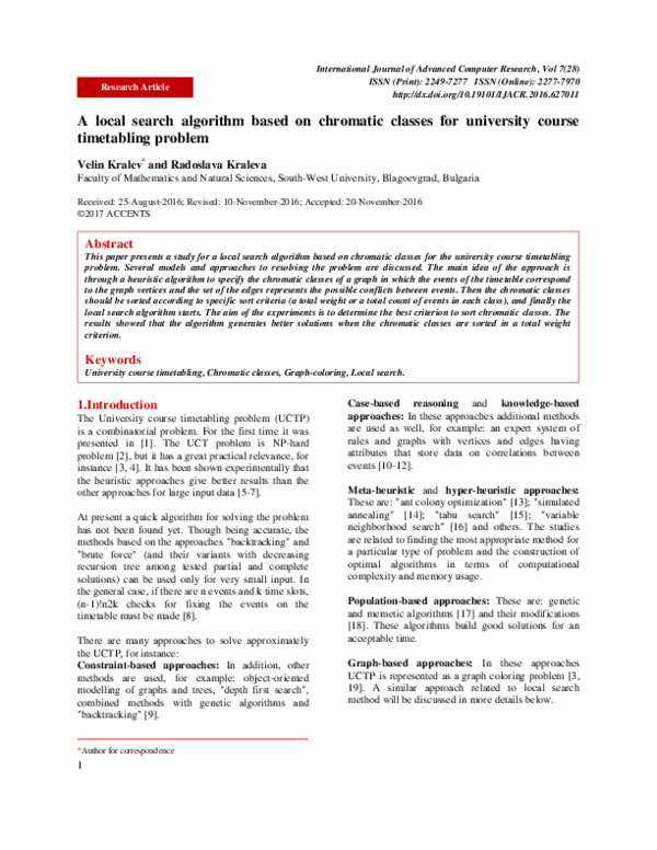 Pdf A Local Search Algorithm Based On Chromatic Classes For University Course Timetabling Problem