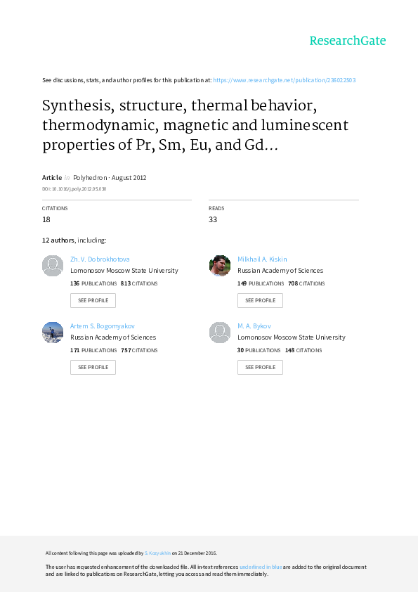 (PDF) Synthesis, structure, thermal behavior, thermodynamic, magnetic and luminescent properties ...