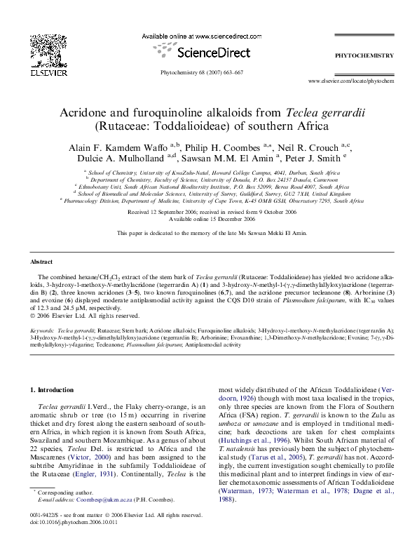(PDF) Acridone and furoquinoline alkaloids from Teclea gerrardii ...