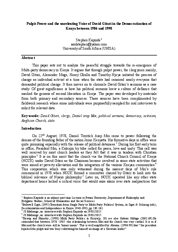 (PDF) Pulpit Power and the unrelenting Voice of David Gitari in the ...