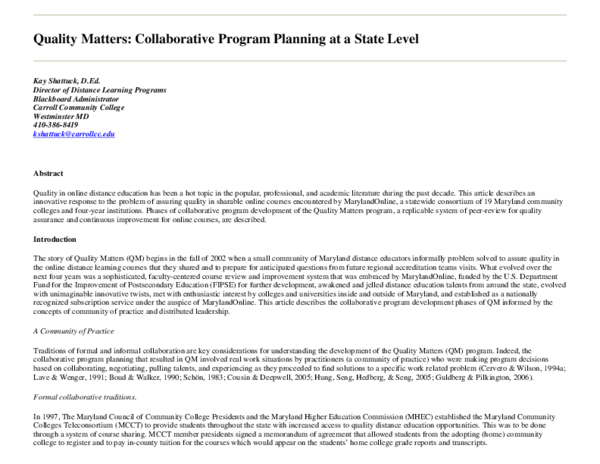 (PDF) Quality Matters: Collaborative Program Planning at a State Level