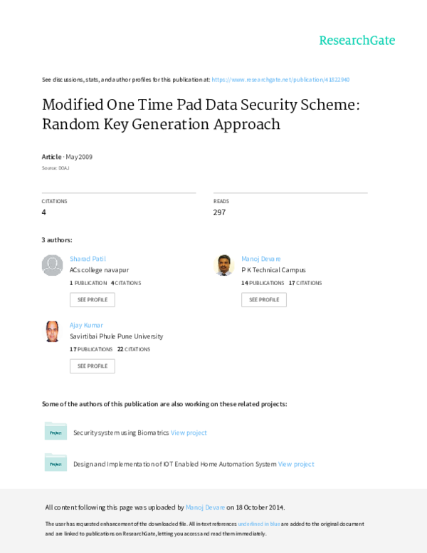 (PDF) Modified One Time Pad Data Security Scheme: Random Key Generation Approach