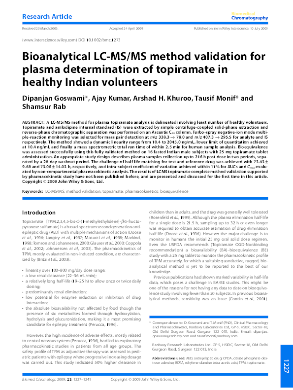 (PDF) Bioanalytical LC-MS/MS method validation for plasma determination ...