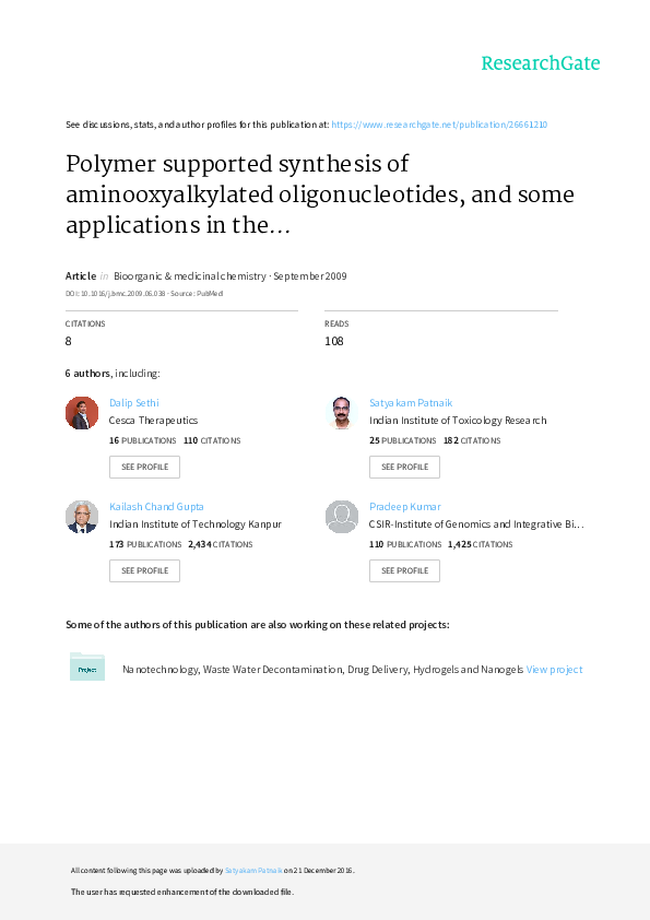 (PDF) Polymer supported synthesis of aminooxyalkylated oligonucleotides, and some applications ...