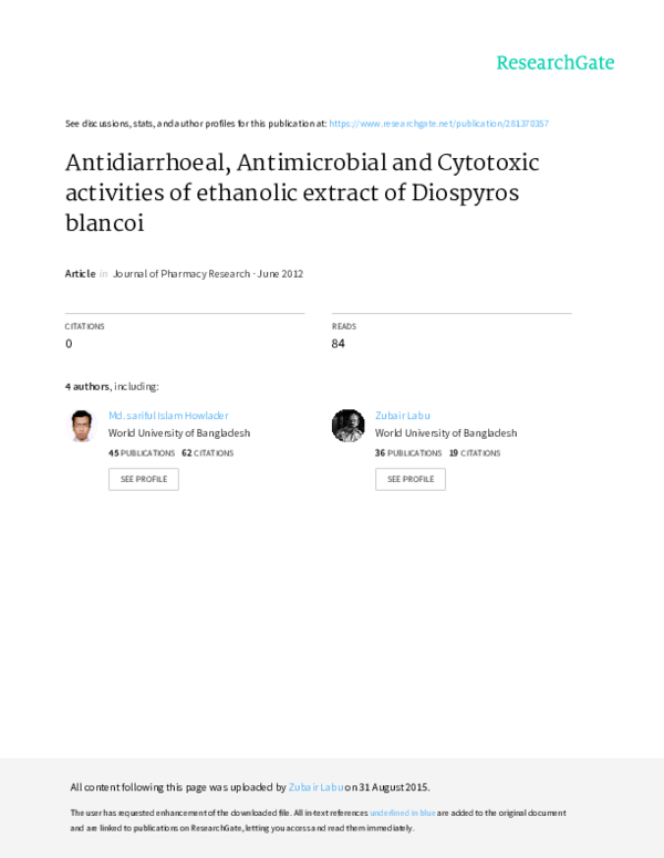 (PDF) Antidiarrhoeal, Antimicrobial and Cytotoxic activities of ethanolic extract of Diospyros ...
