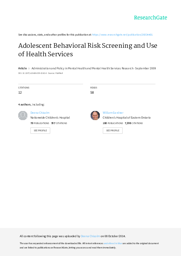 (PDF) Adolescent Behavioral Risk Screening and Use of Health Services