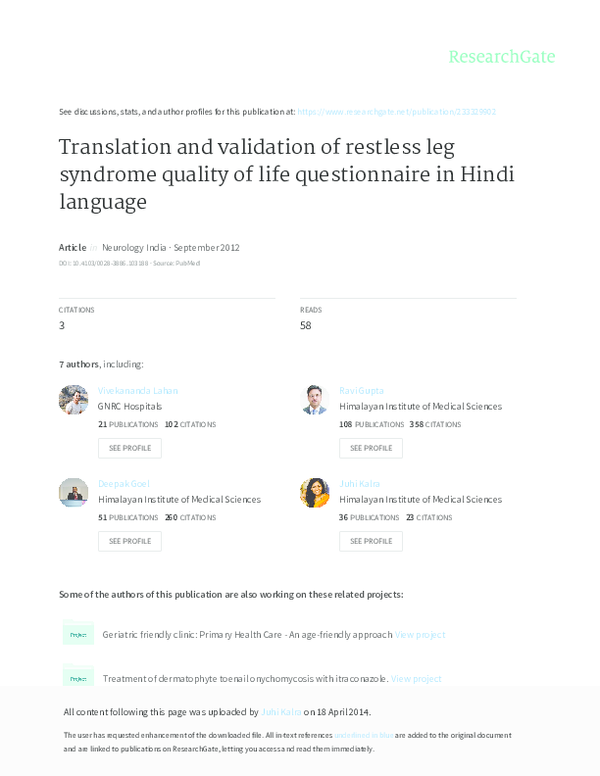 (PDF) Translation and validation of restless leg syndrome quality of ...