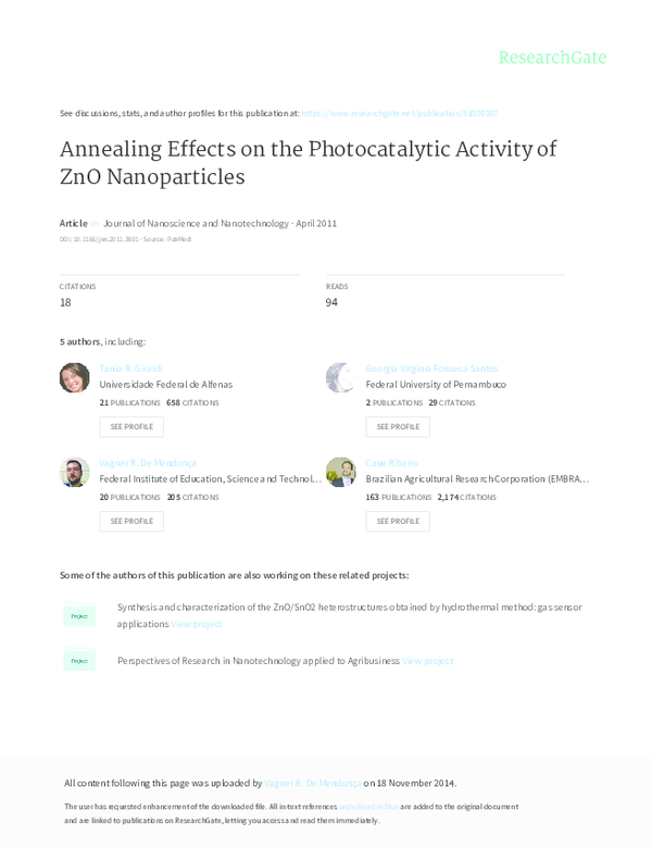 (PDF) Annealing Effects on the Photocatalytic Activity of ZnO Nanoparticles