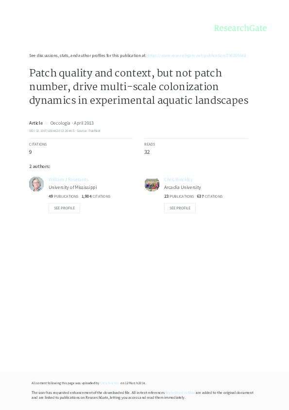 Pdf Patch Quality And Context But Not Patch Number Drive Multi Scale Colonization Dynamics