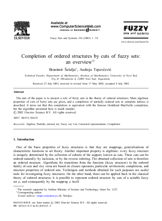 (PDF) Completion of ordered structures by cuts of fuzzy sets: an overview