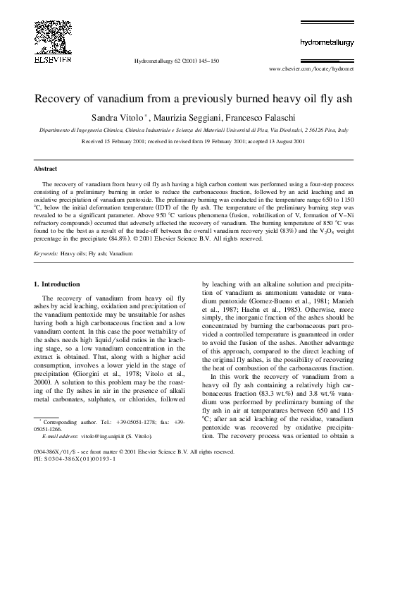 (PDF) Recovery of vanadium from a previously burned heavy oil fly ash