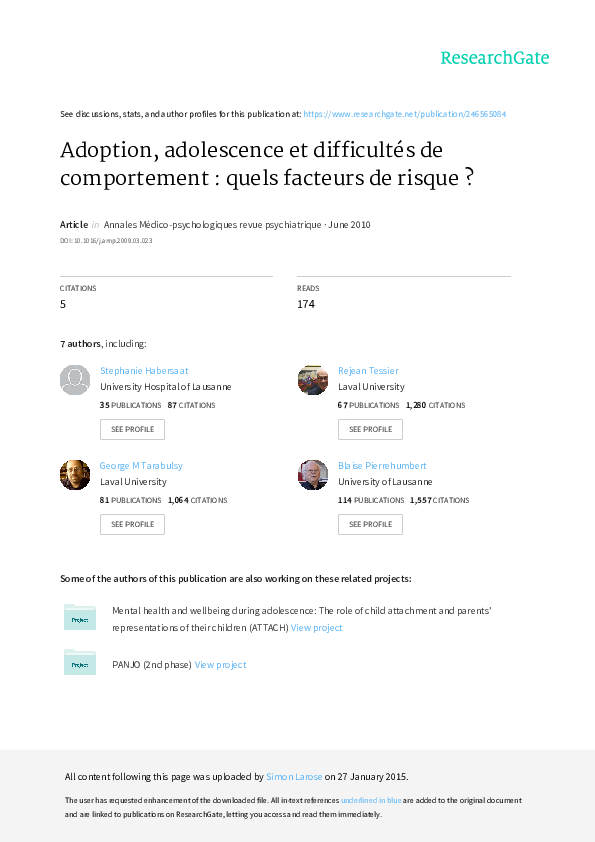 (PDF) Adoption, adolescence et difficultés de comportement : quels ...