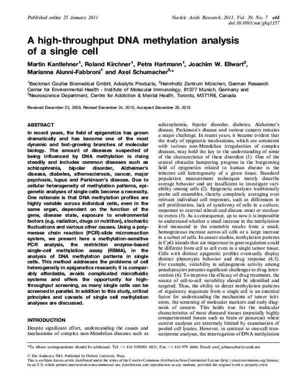 Pdf A High Throughput Dna Methylation Analysis Of A Single Cell Axel Schumacher