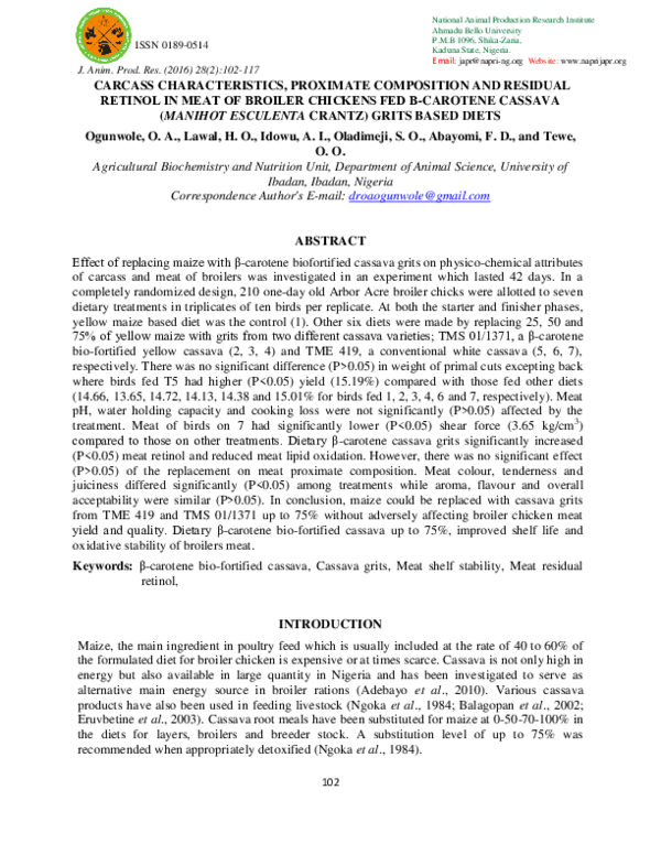 (PDF) CARCASS CHARACTERISTICS, PROXIMATE COMPOSITION AND RESIDUAL RETINOL IN MEAT OF BROILER ...