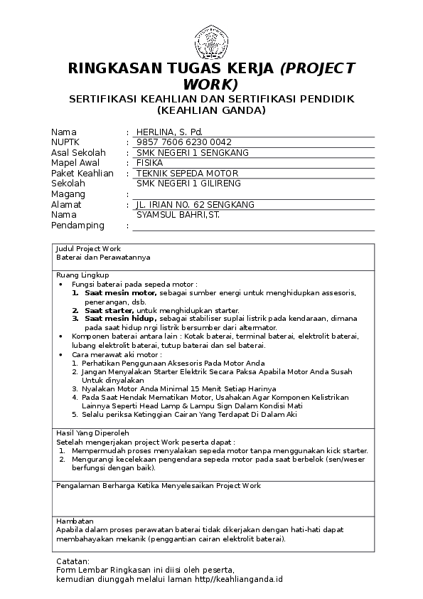 (DOC) RINGKASAN TUGAS KERJA (PROJECT WORK