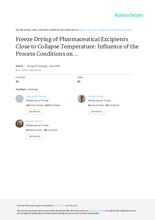 (PDF) Freeze drying of pharmaceutical excipients close to collapse ...