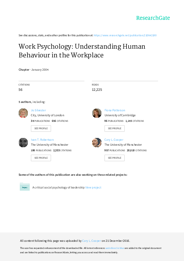 (PDF) Work psychology: Understanding human behaviour in the workplace