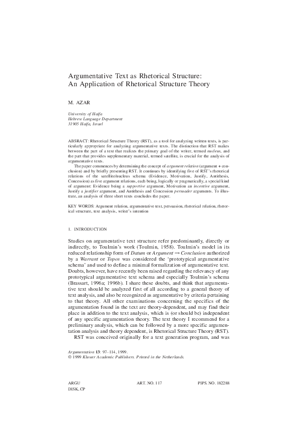 Pdf Argumentative Text As Rhetorical Structure An Application Of Rhetorical Structure Theory