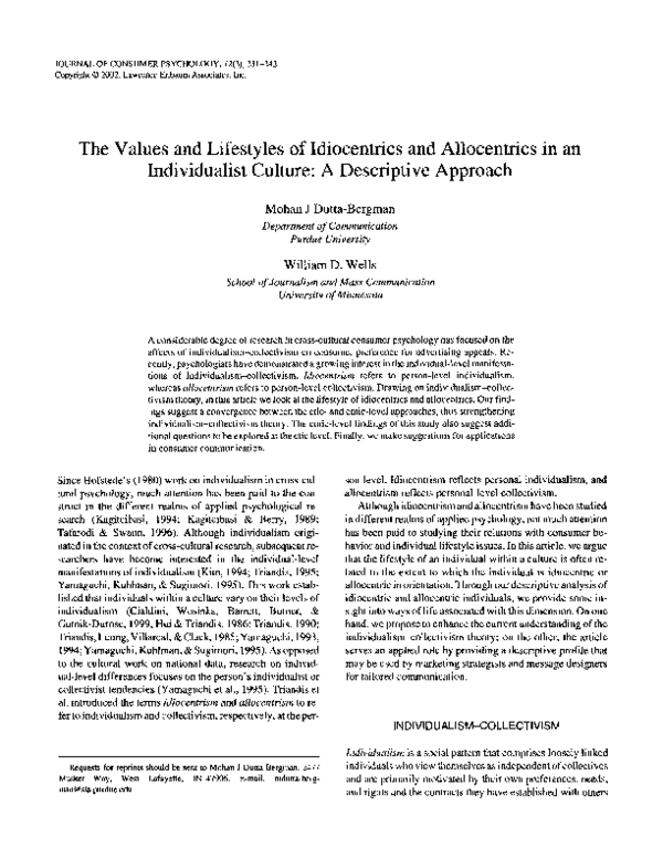 (PDF) The values and lifestyles of idiocentrics and allocentrics in an ...