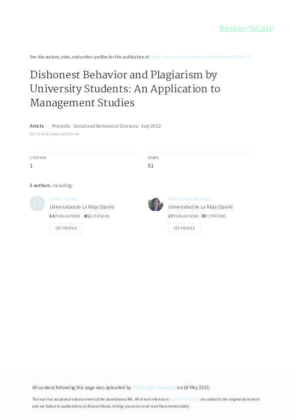 (PDF) Dishonest Behavior and Plagiarism by University Students: An ...