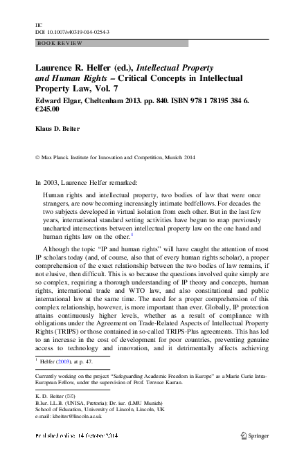 (PDF) Book Review: Laurence R. Helfer (ed.), Intellectual Property and ...
