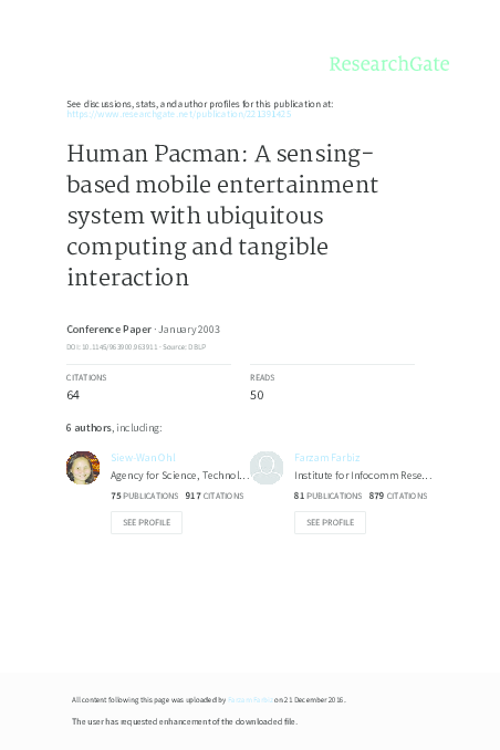 (PDF) Human Pacman: a sensing-based mobile entertainment system with ...