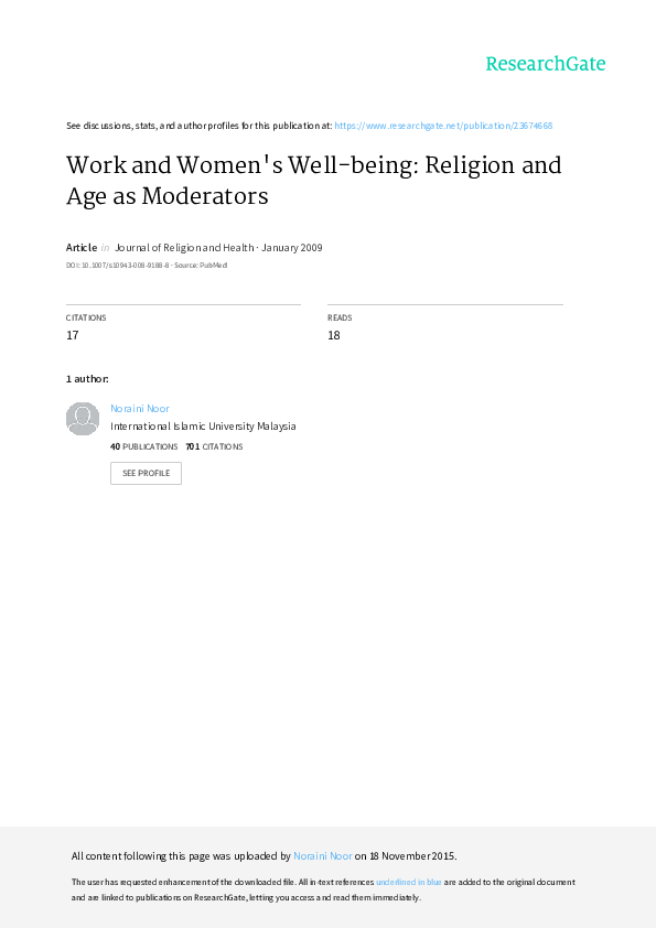 (PDF) Work and Women's Well-being: Religion and Age as Moderators