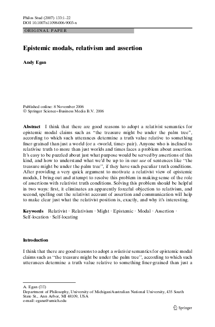 (PDF) Epistemic modals, relativism and assertion